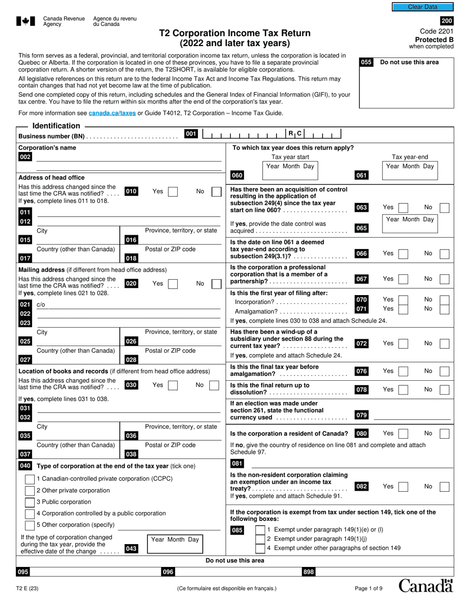 Form T2 Download Fillable PDF or Fill Online Corporation Income Tax ...