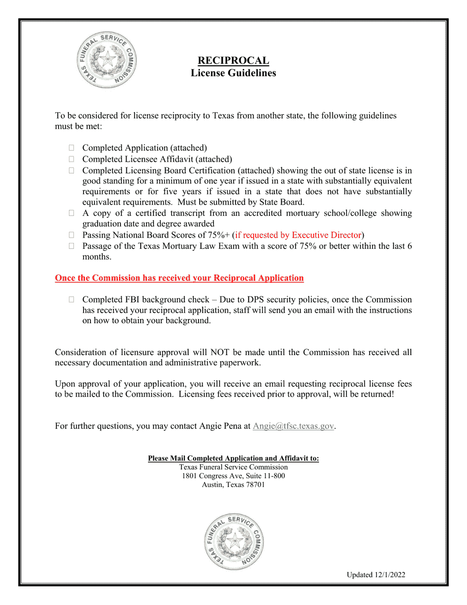 Texas Reciprocal Funeral Director/Embalmer License Application - Fill ...
