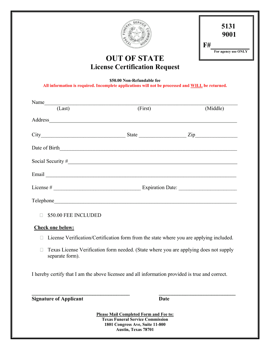 Texas Out of State License Certification Request - Fill Out, Sign ...