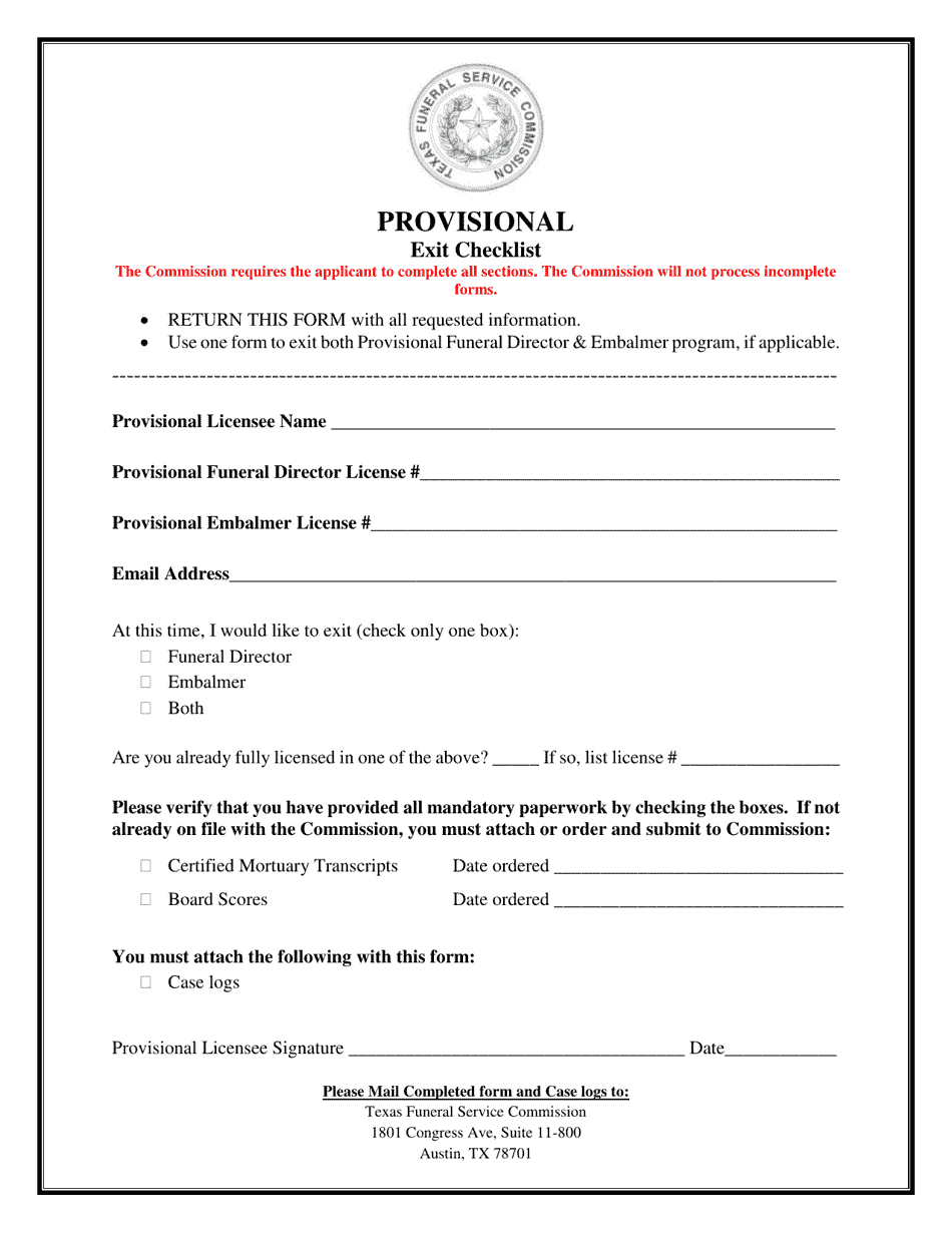 Texas Provisional Exit Checklist - Fill Out, Sign Online and Download ...