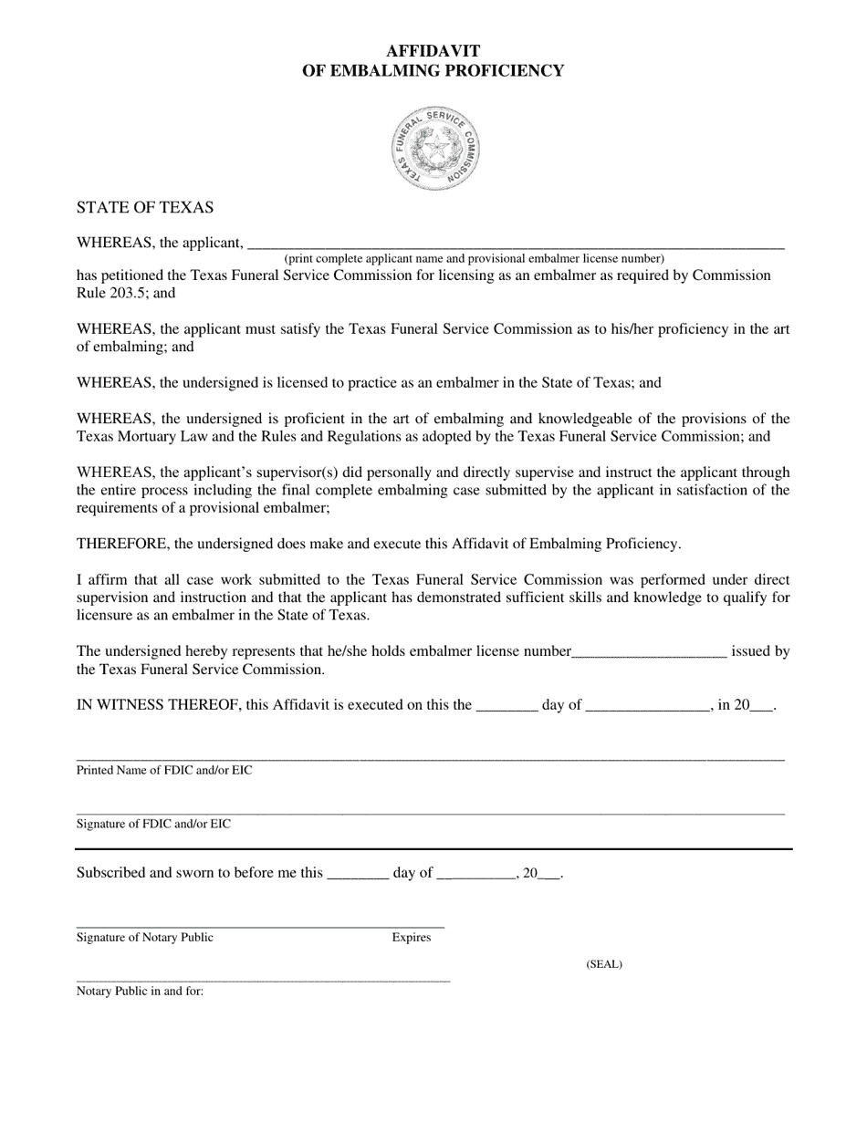 Texas Affidavit of Embalming Proficiency - Fill Out, Sign Online and ...