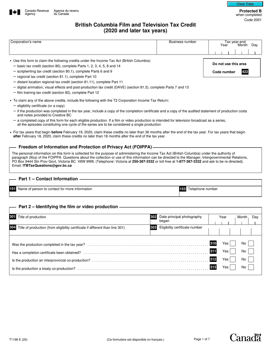 Form T1196 Download Fillable PDF or Fill Online British Columbia Film ...