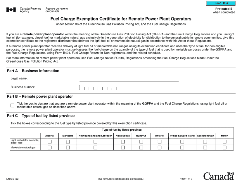 Form L405 Download Fillable PDF or Fill Online Fuel Charge Exemption ...