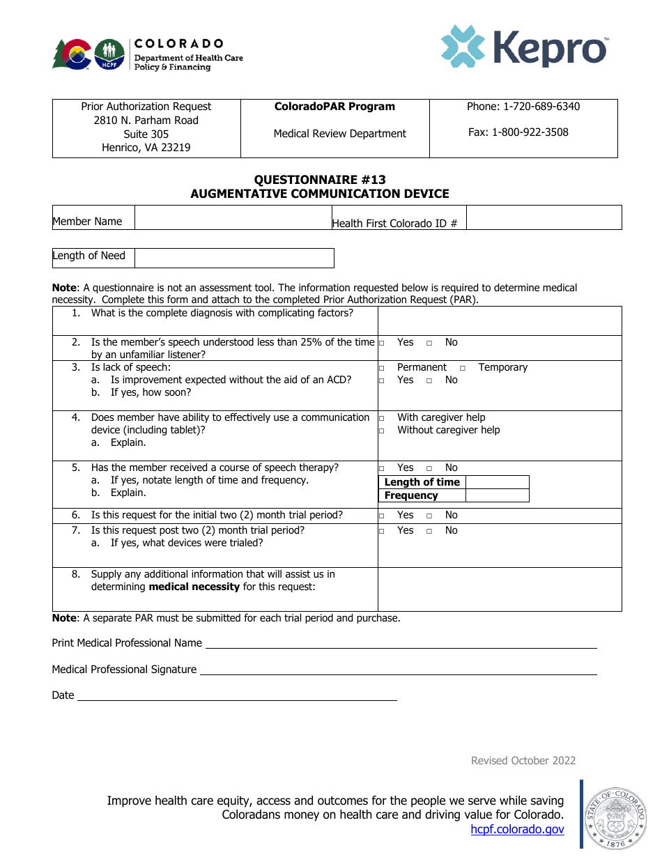 Colorado Questionnaire #13 - Augmentative Communication Device - Fill ...