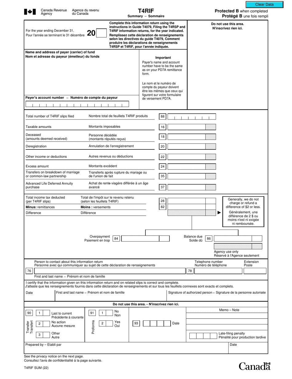 Form T4RIF SUM Download Fillable PDF or Fill Online Summary, Canada ...