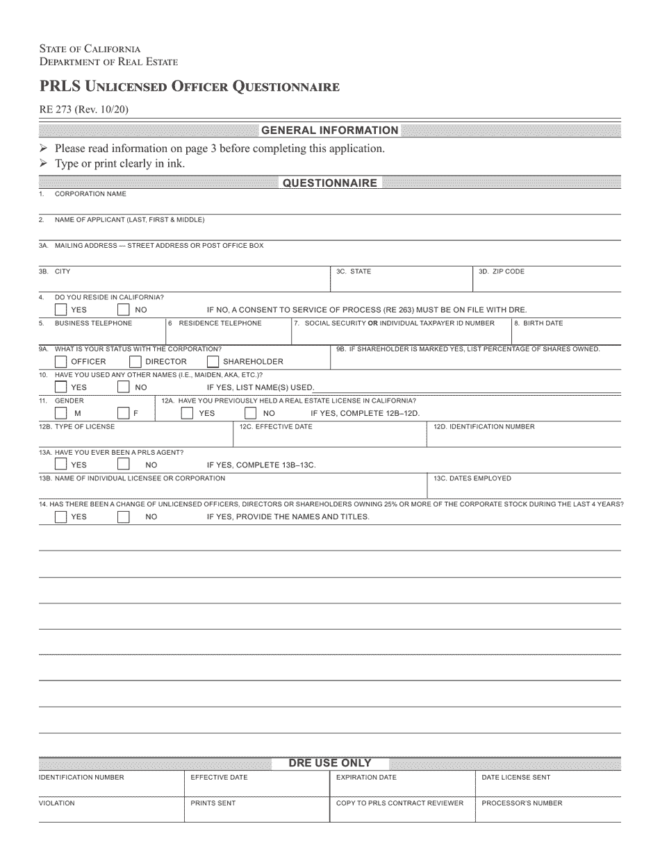 Form RE273 - Fill Out, Sign Online and Download Fillable PDF ...