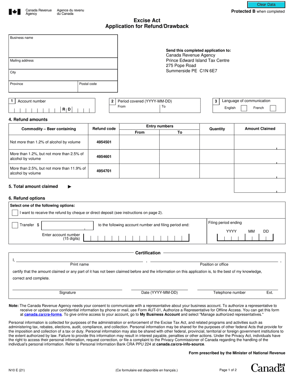Form N10 Download Fillable PDF or Fill Online Excise Act Application ...