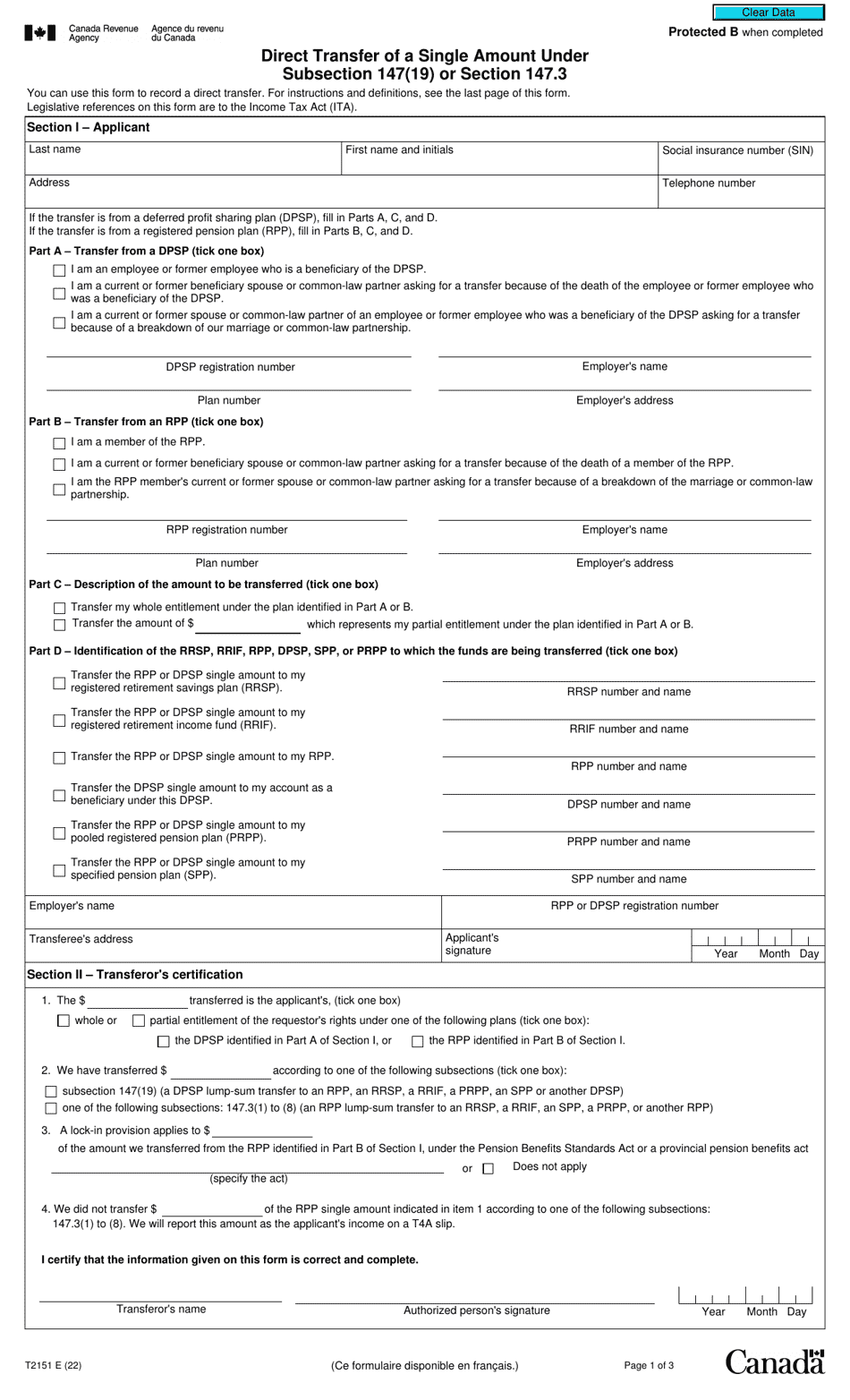 Form T2151 - Fill Out, Sign Online and Download Fillable PDF, Canada ...