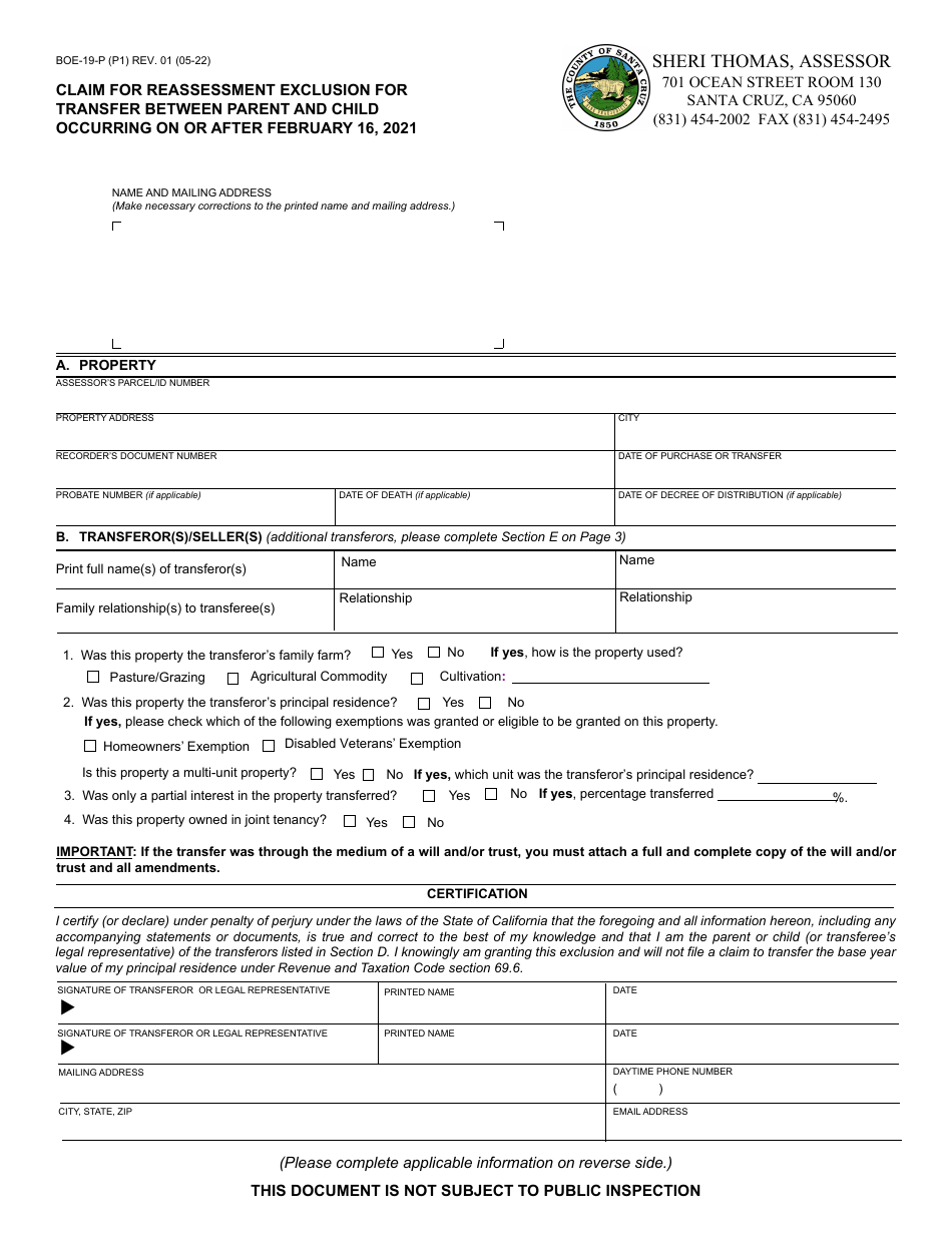 Form BOE-19-P - Fill Out, Sign Online and Download Fillable PDF, Santa ...