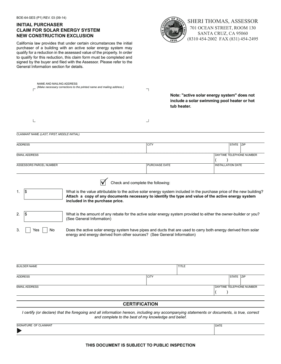 Form BOE-64-SES - Fill Out, Sign Online and Download Fillable PDF ...