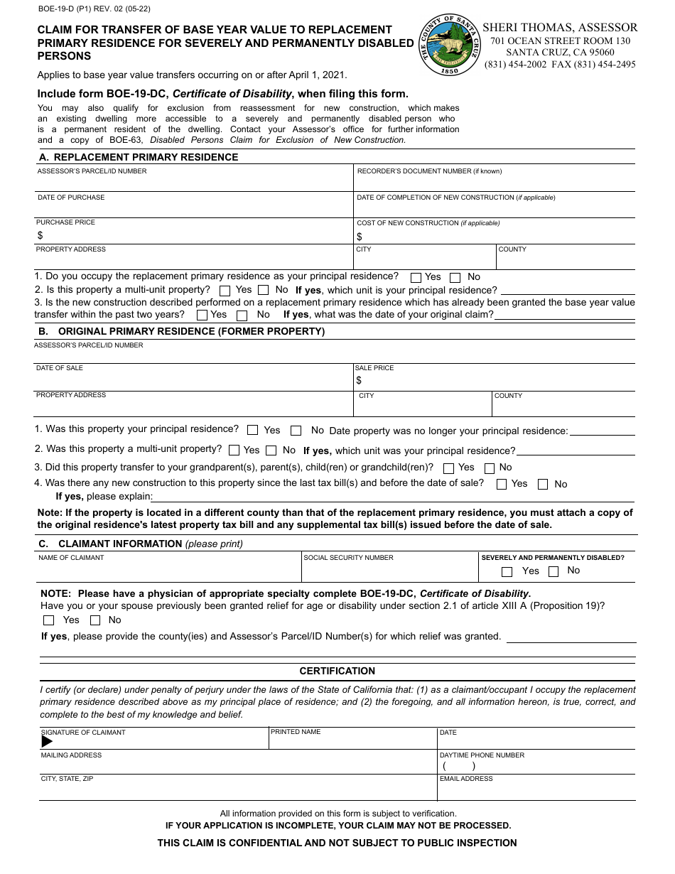Form BOE-19-D - Fill Out, Sign Online and Download Fillable PDF, Santa Cruz County, California ...