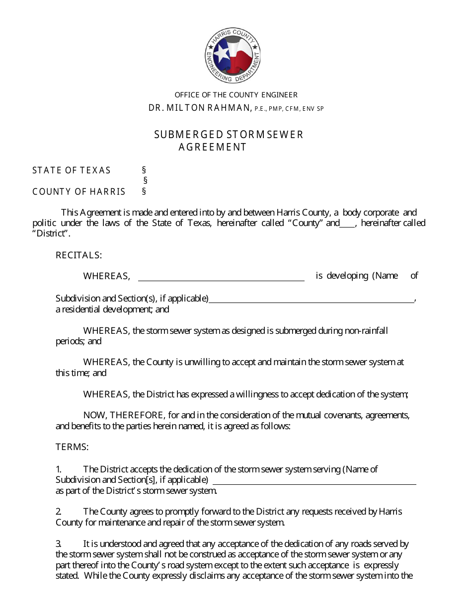 Harris County, Texas Submerged Stormsewer Agreement - Fill Out, Sign ...