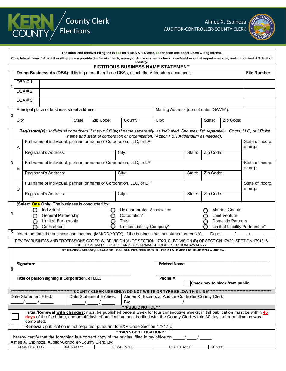 Kern County, California Fictitious Business Name Form With Affidavit of ...