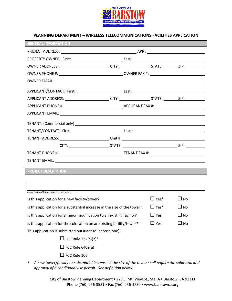 City of Barstow, California Wireless Telecommunications Facilities Application - Fill Out, Sign ...