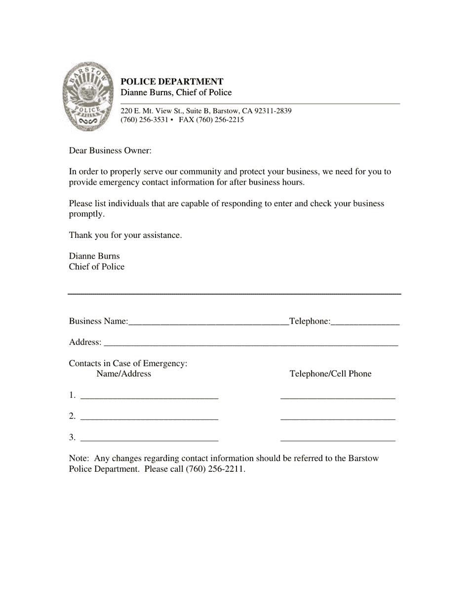 City of Barstow, California Business' After Hour Response Form - Fill ...