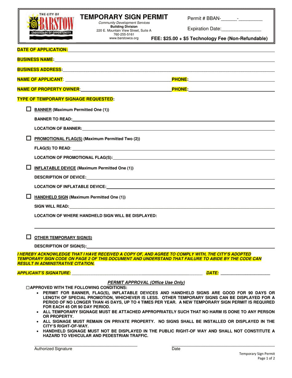 City of Barstow, California Temporary Sign Permit - Fill Out, Sign ...