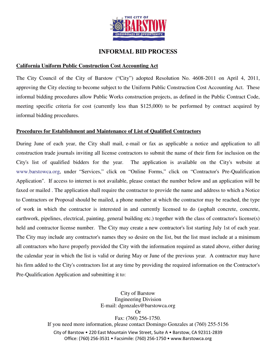 City of Barstow, California Contractor's Pre-qualification Application ...