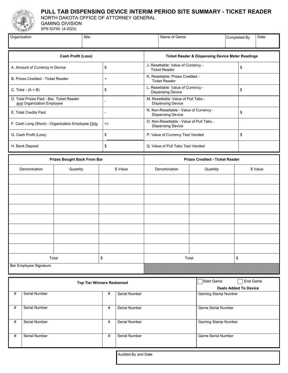 Form SFN53740 Download Fillable PDF or Fill Online Pull Tab Dispensing ...