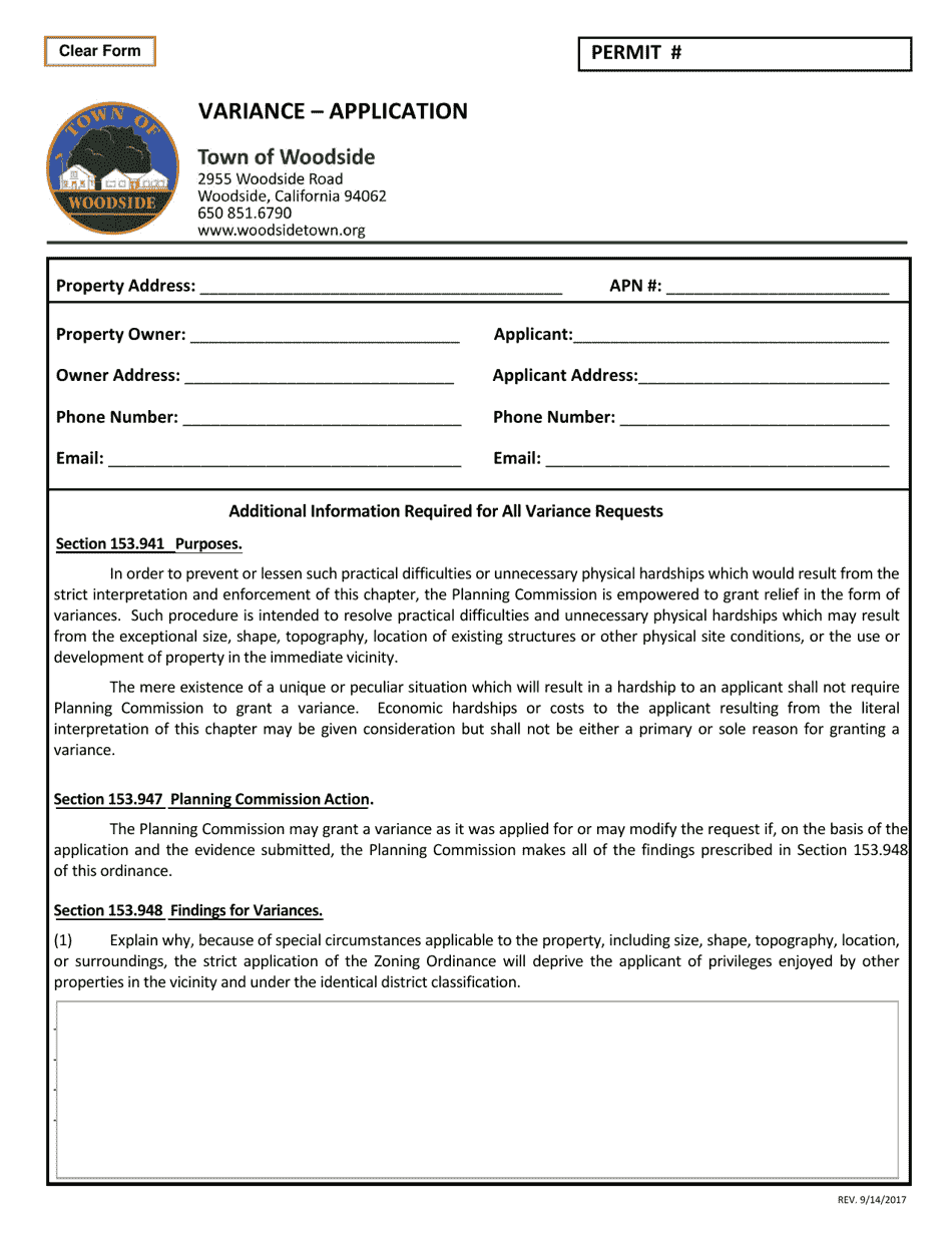 Town of Woodside, California Variance - Application - Fill Out, Sign ...