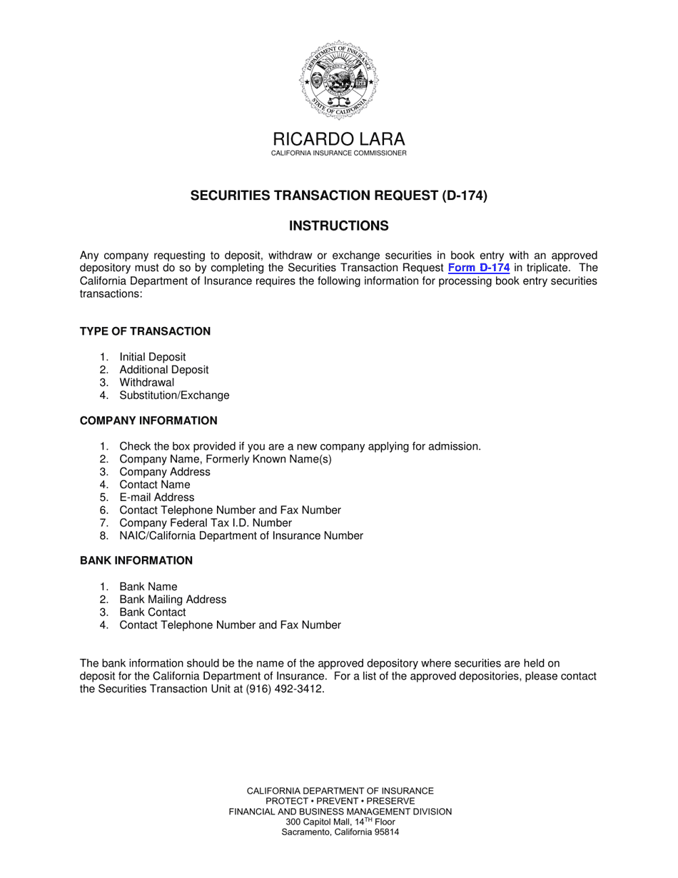 Download Instructions for Form D-174 Securities Transaction Request ...