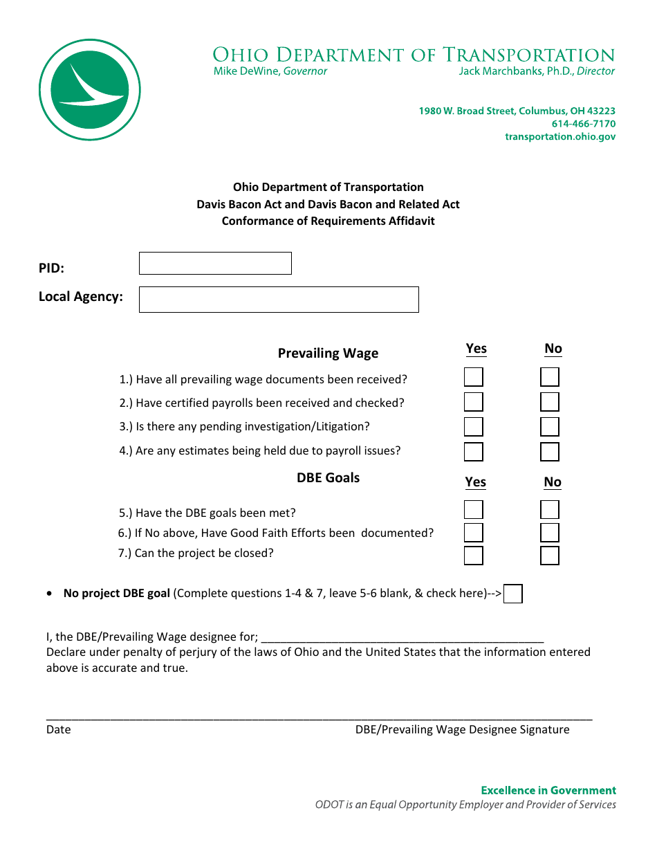 Ohio Conformance of Requirements Affidavit - Davis Bacon Act and Davis ...