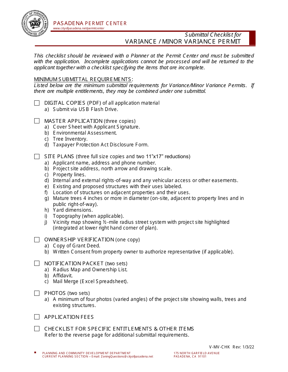 City of Pasadena, California Supplemental Application for Variance ...