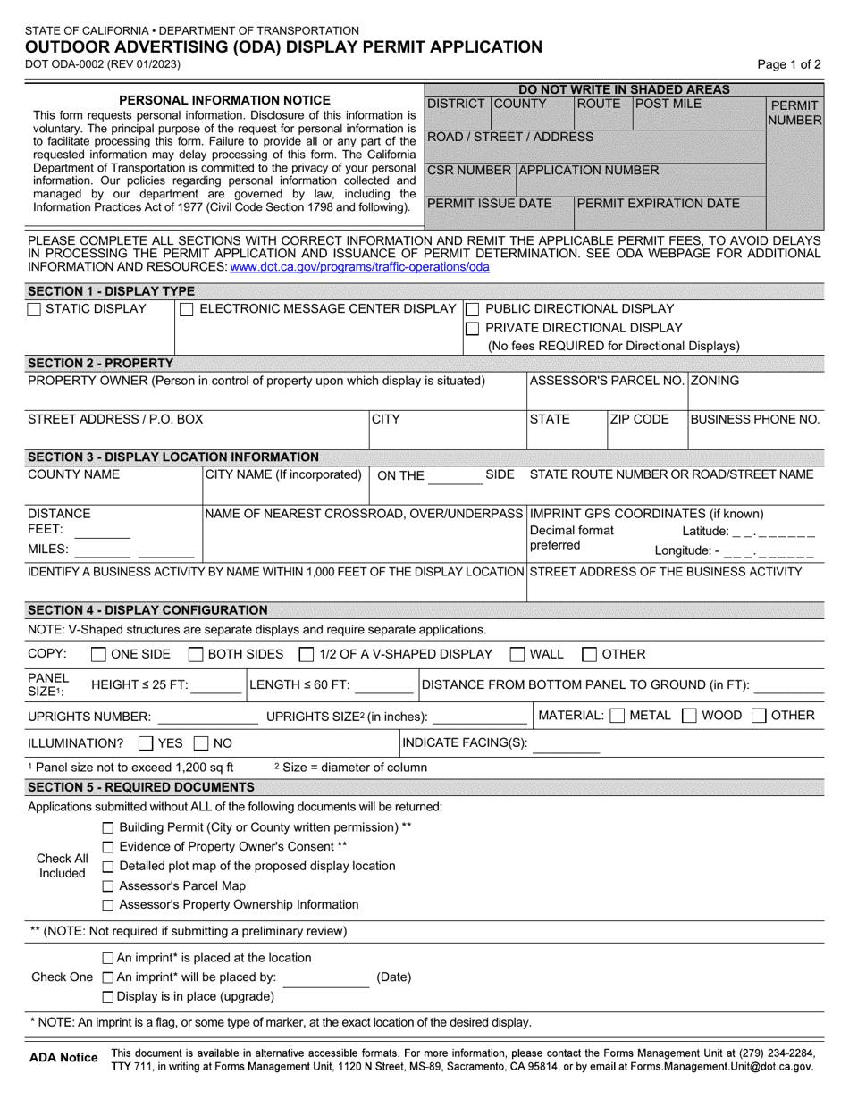 DOT Form ODA-0002 - Fill Out, Sign Online and Download Fillable PDF, California | Templateroller