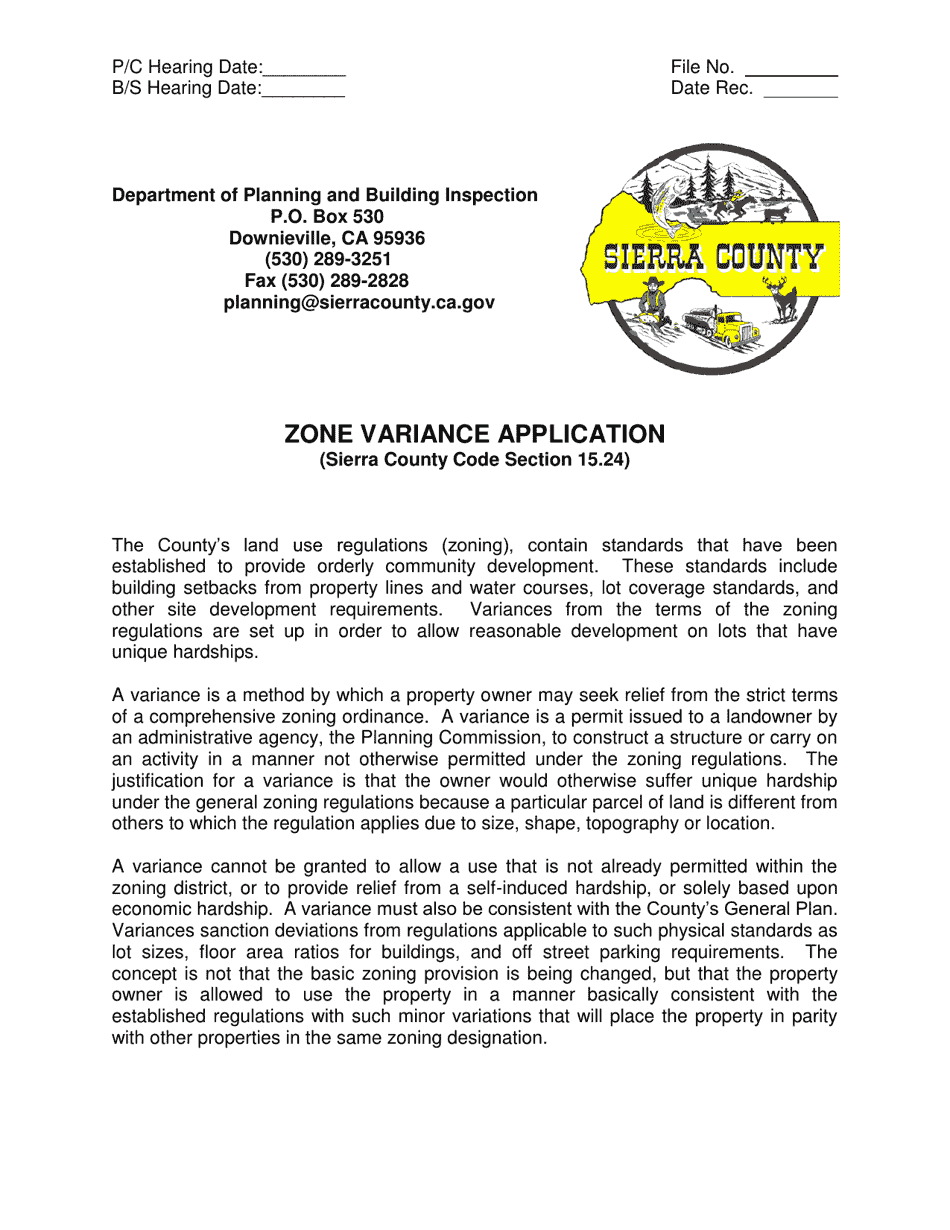 Sierra County, California Zone Variance Application - Fill Out, Sign ...