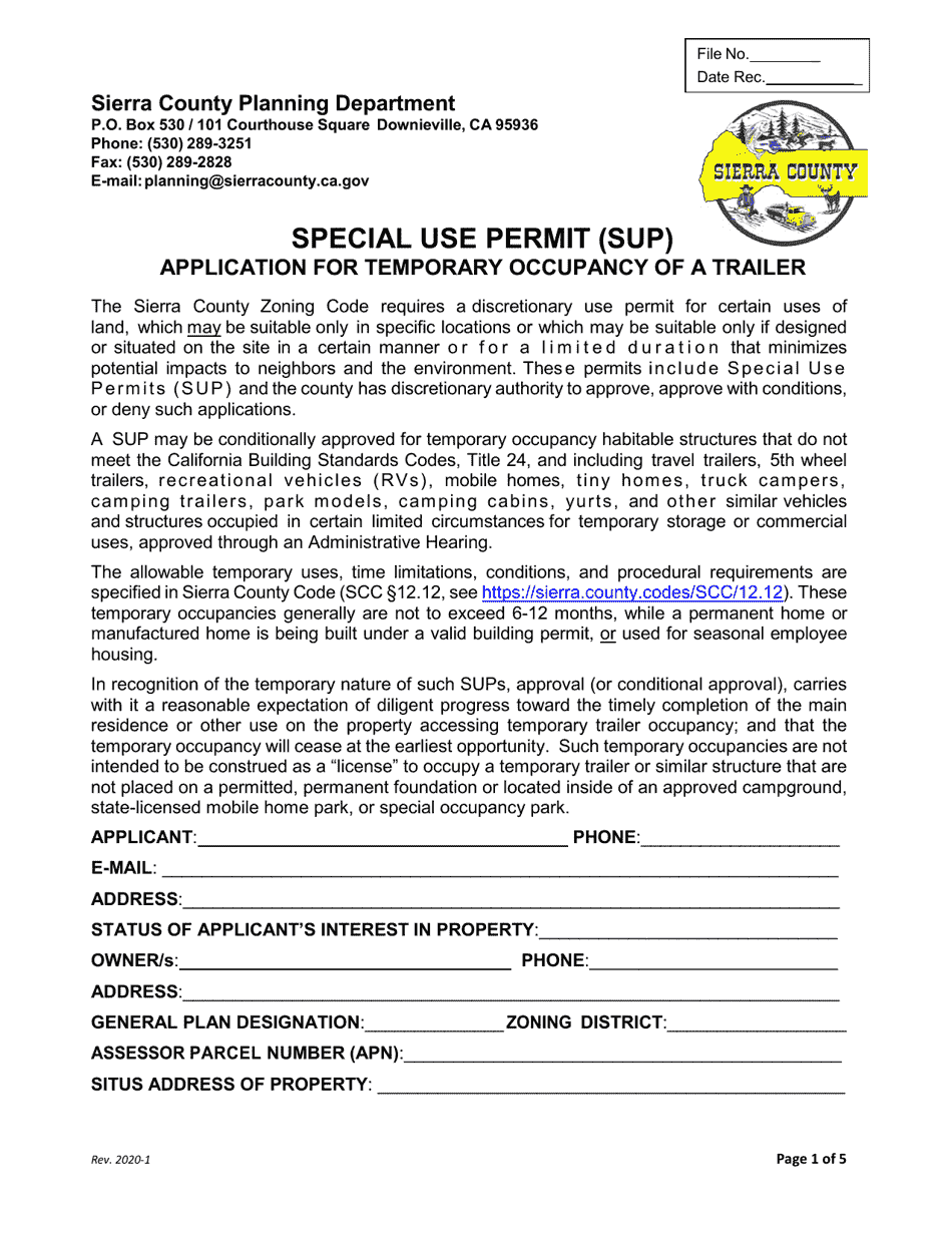 Sierra County, California Special Use Permit (Sup) Application for ...