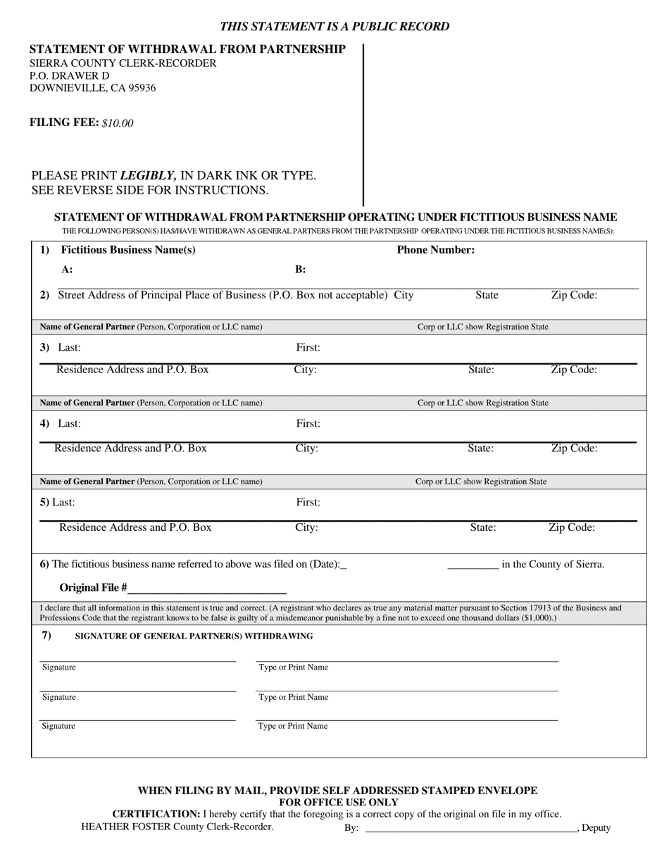 Sierra County, California Statement of Withdrawal From Partnership ...