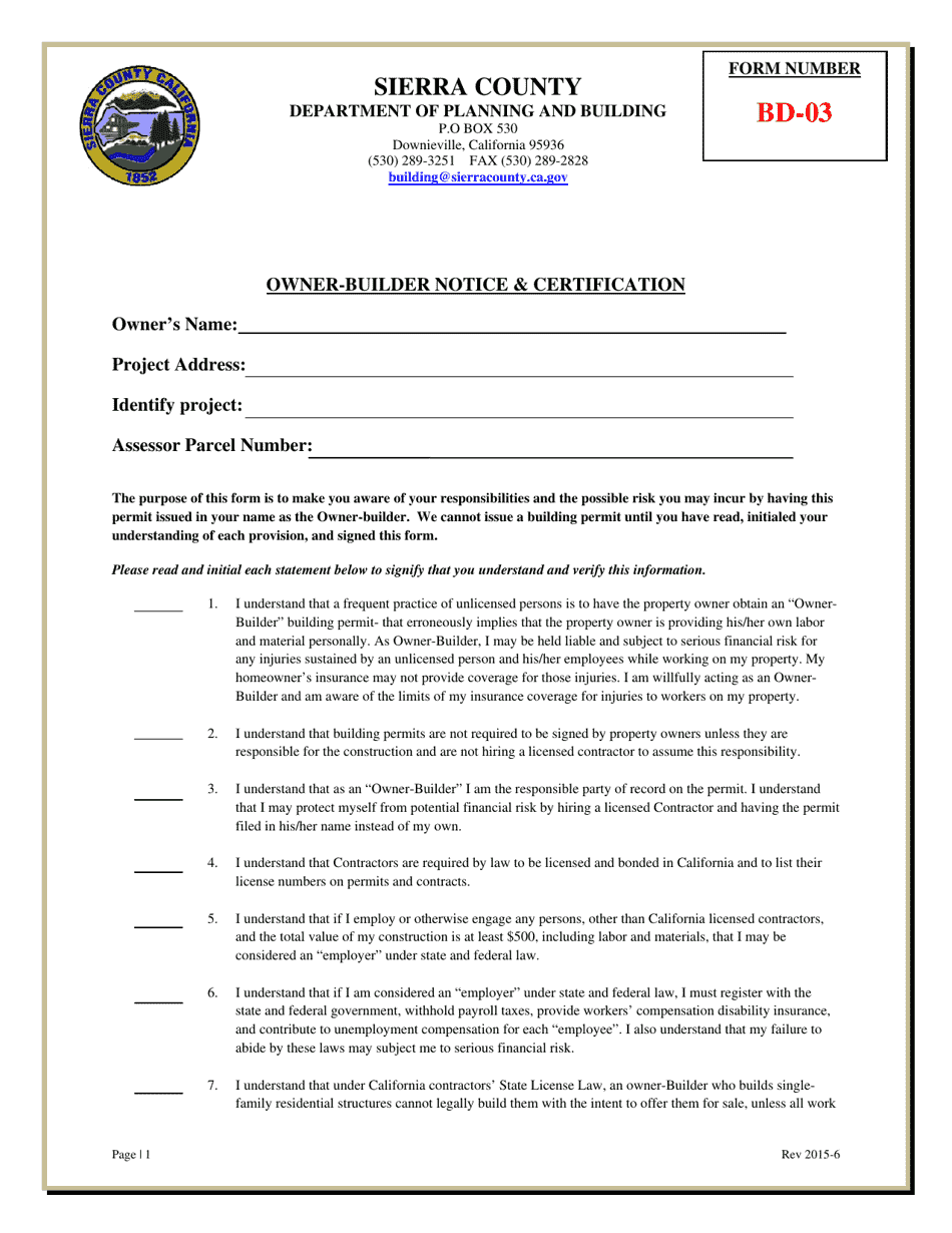 Form BD-03 - Fill Out, Sign Online and Download Fillable PDF, Sierra ...
