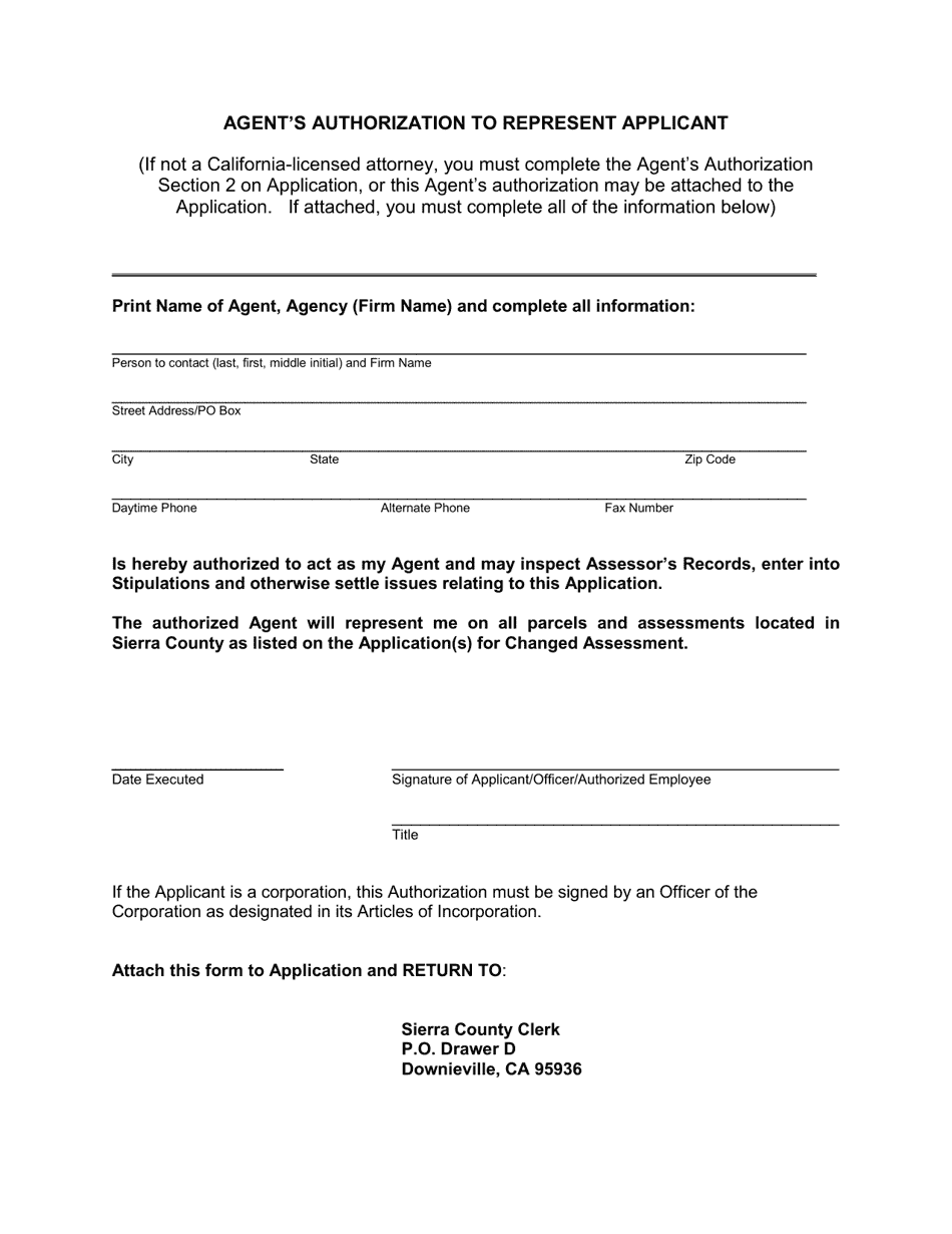 Sierra County, California Agent's Authorization to Represent Applicant - Fill Out, Sign Online ...