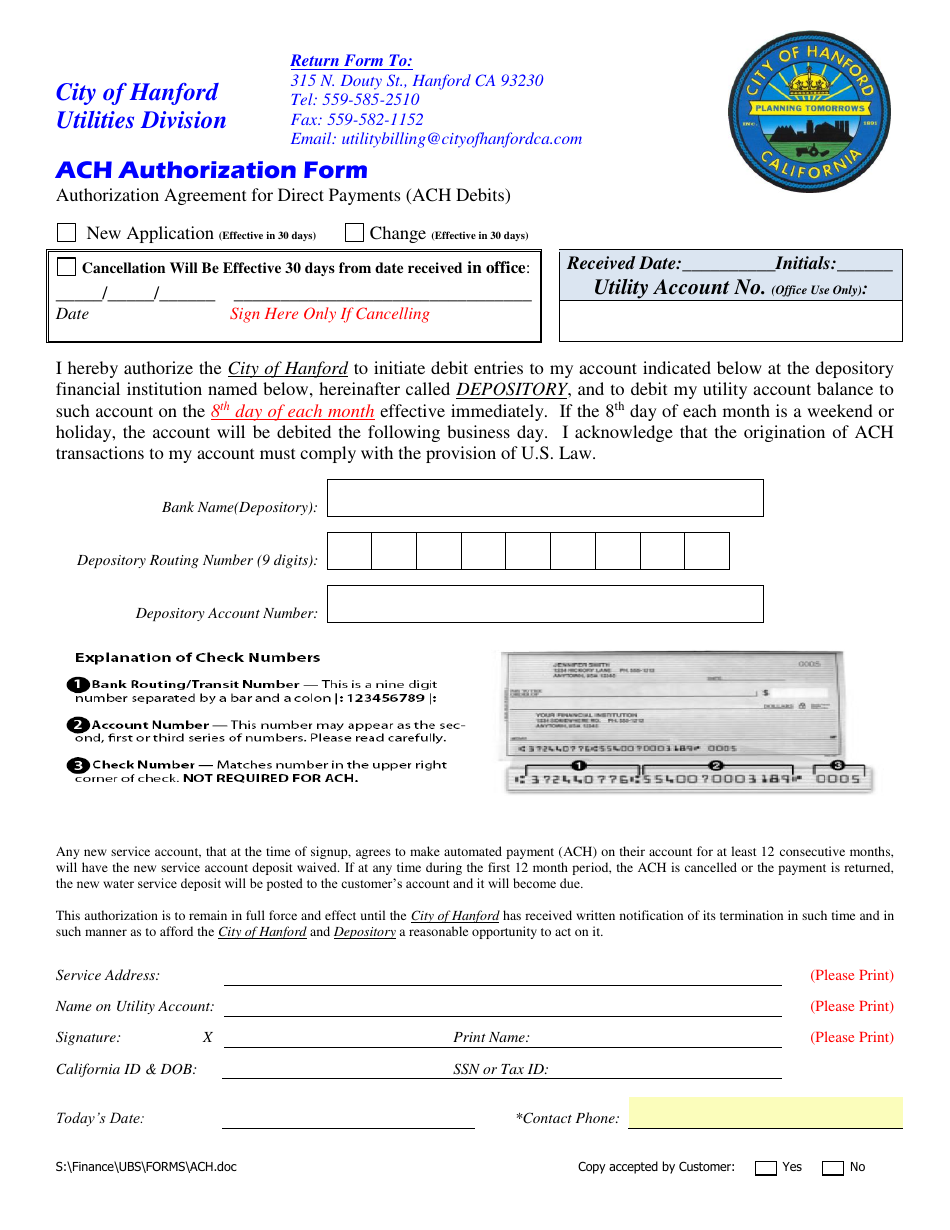 City of Hanford, California ACH Authorization Form - Fill Out, Sign Online and Download PDF ...