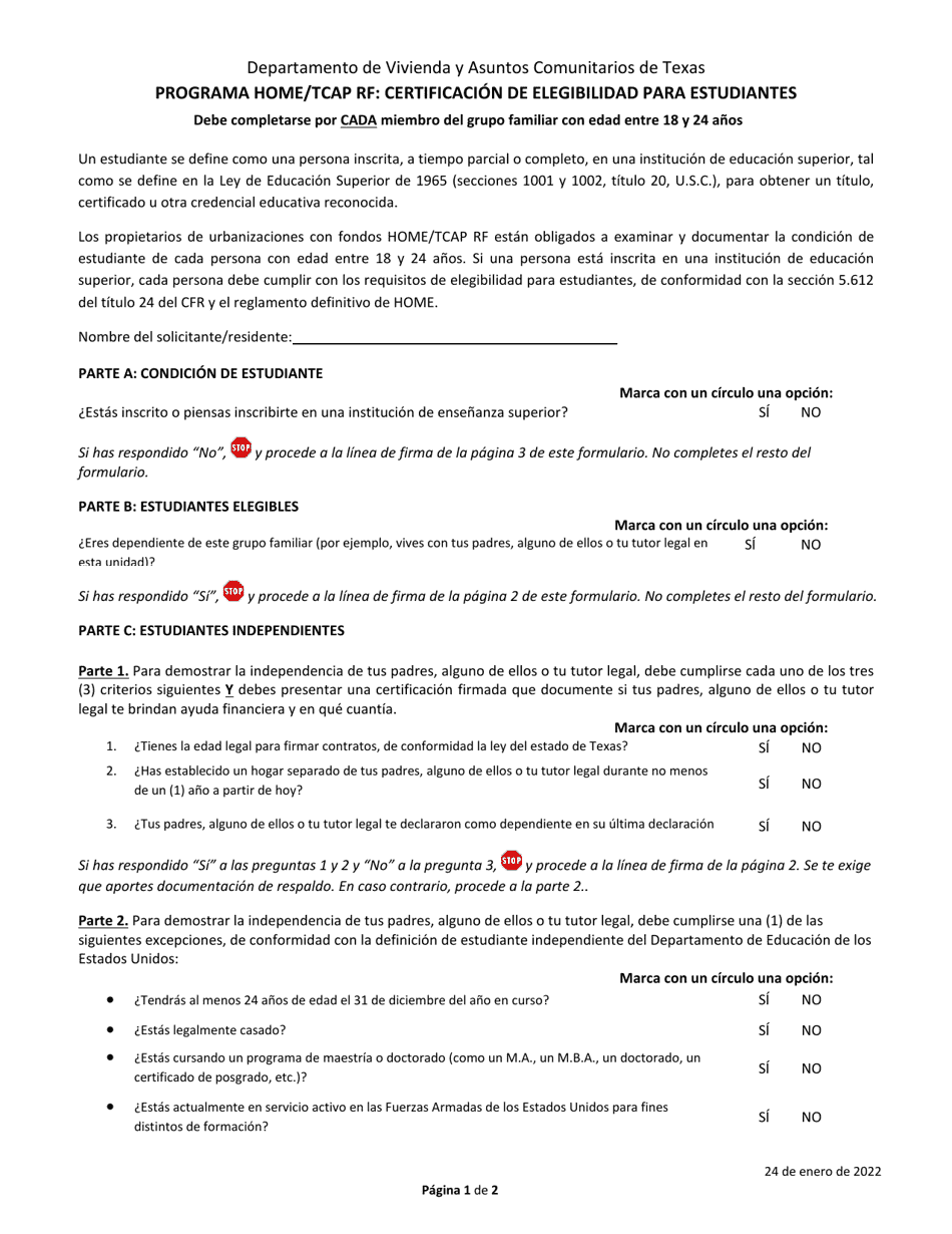 Texas Programa Home/Tcap Rf: Certificacion De Elegibilidad Para ...