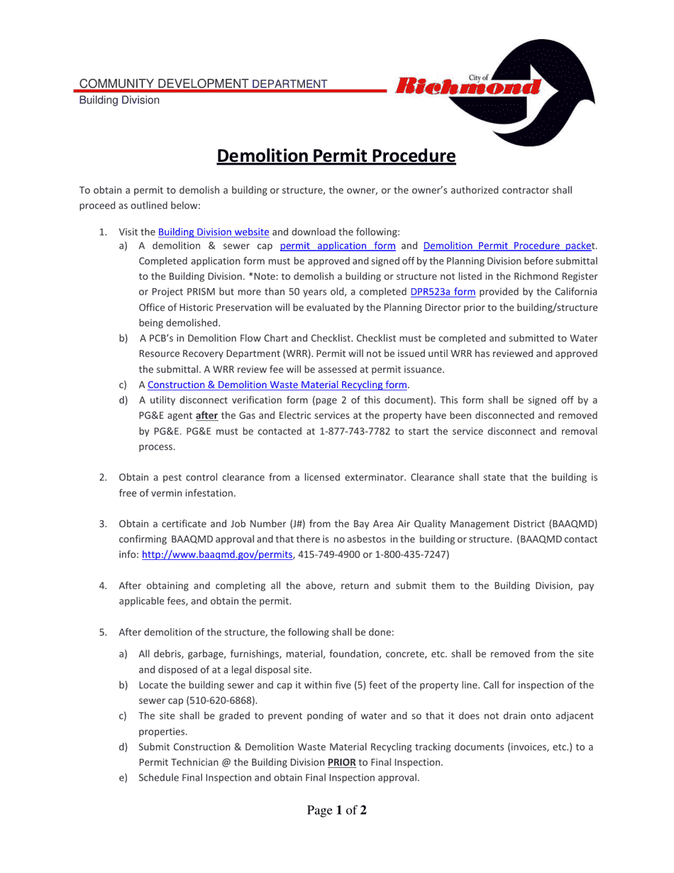 City of Richmond, California Demolition Permit Procedure and Pcb's ...