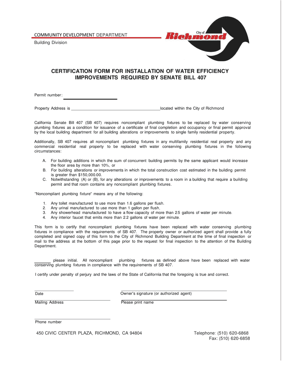 City of Richmond, California Certification Form for Installation of ...