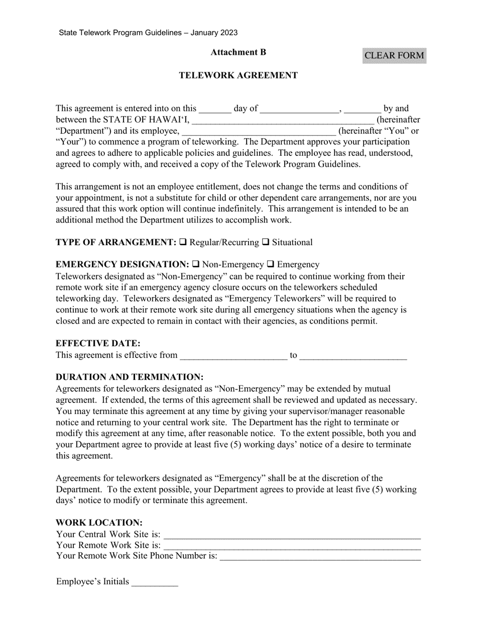 Hawaii Telework Agreement - Fill Out, Sign Online and Download PDF ...