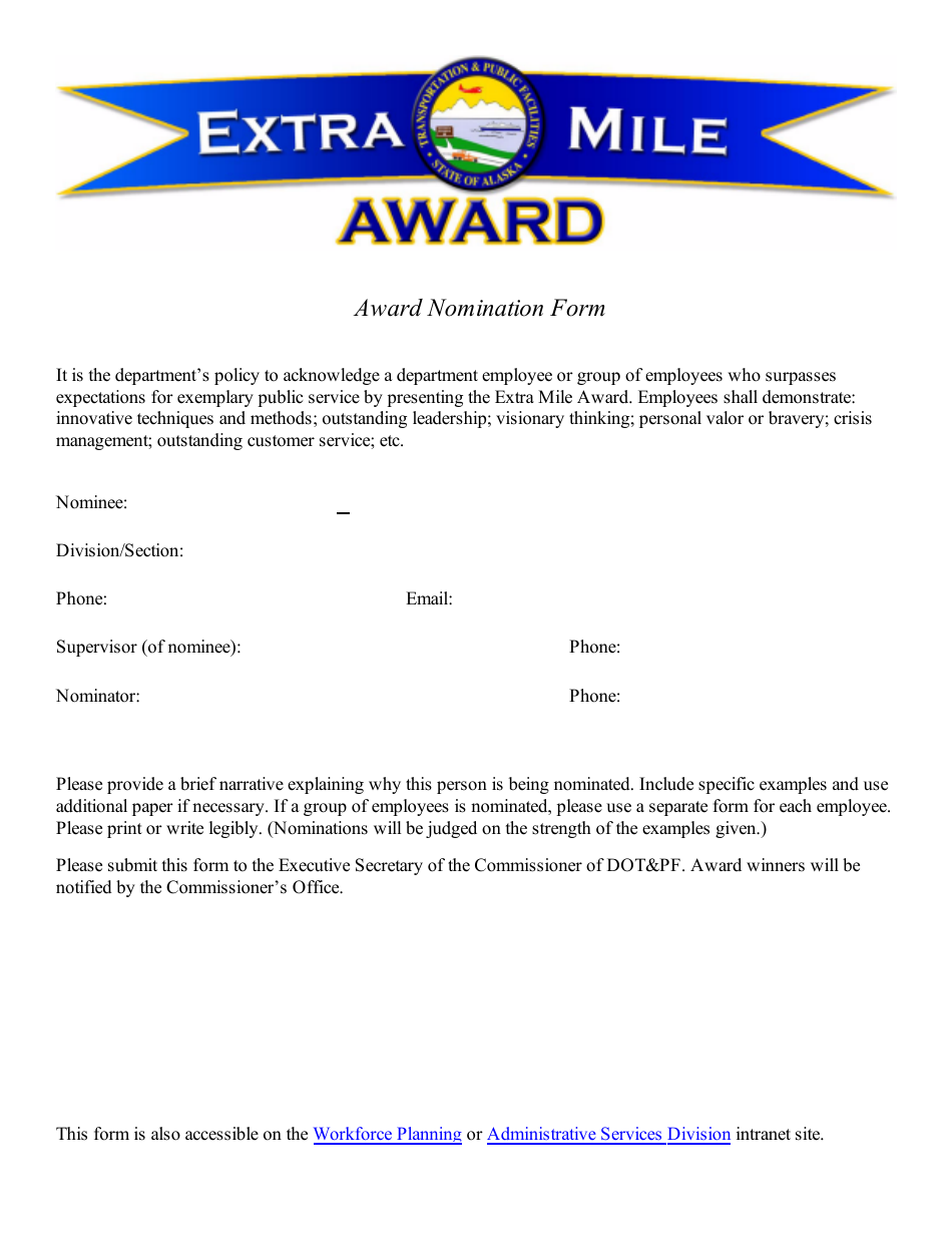 Alaska Extra Mile Award Nomination Form - Fill Out, Sign Online and Download PDF | Templateroller