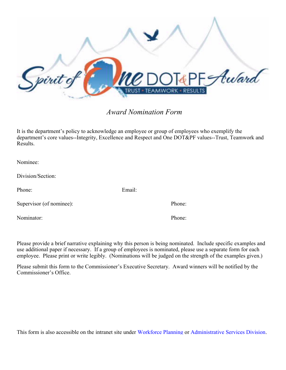 Alaska Spirit of One Dot&pf Award Nomination Form - Fill Out, Sign ...