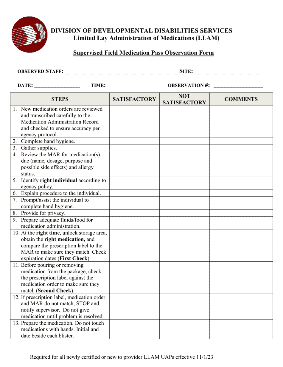 Delaware Supervised Field Medication Pass Observation Form - Limited ...