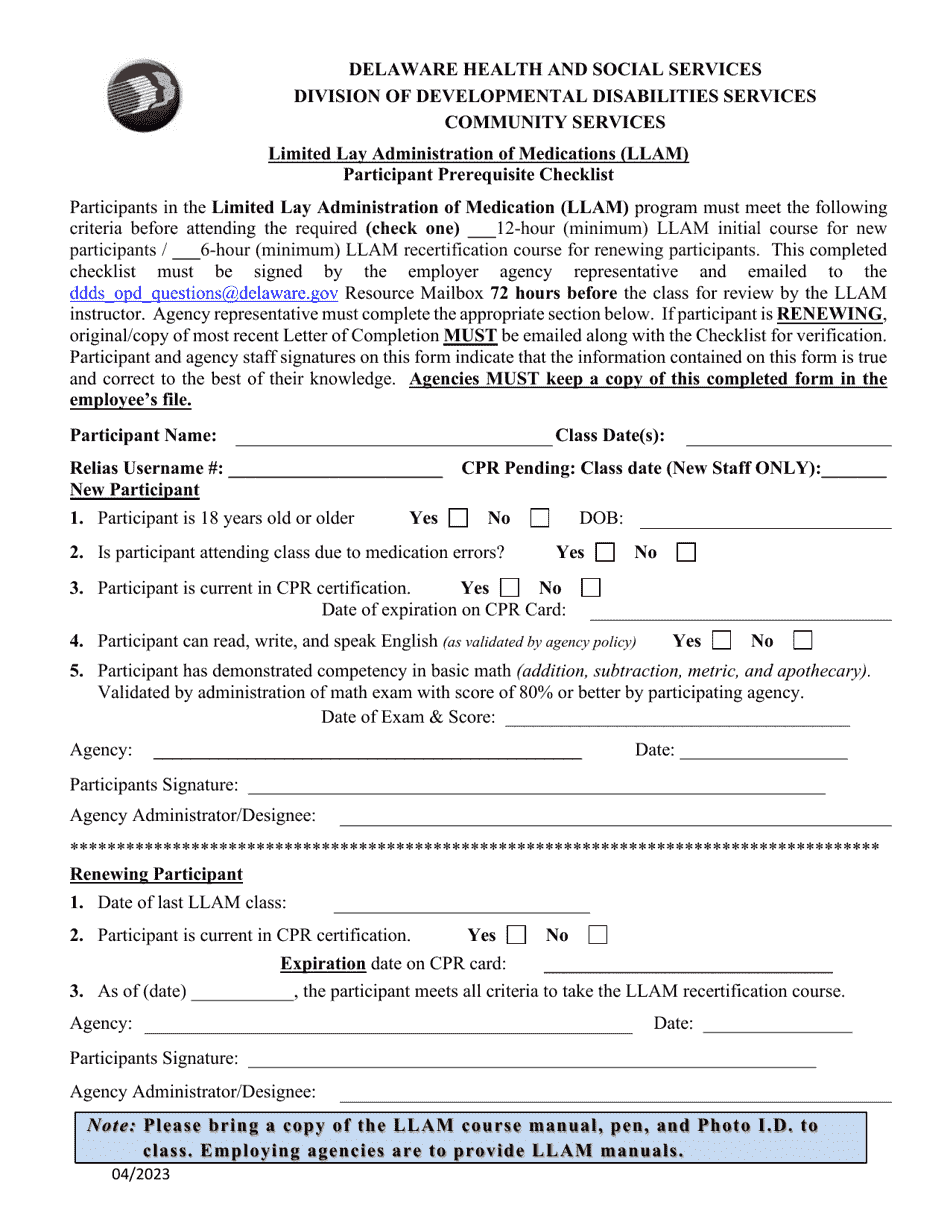 Delaware Participant Prerequisite Checklist - Limited Lay ...