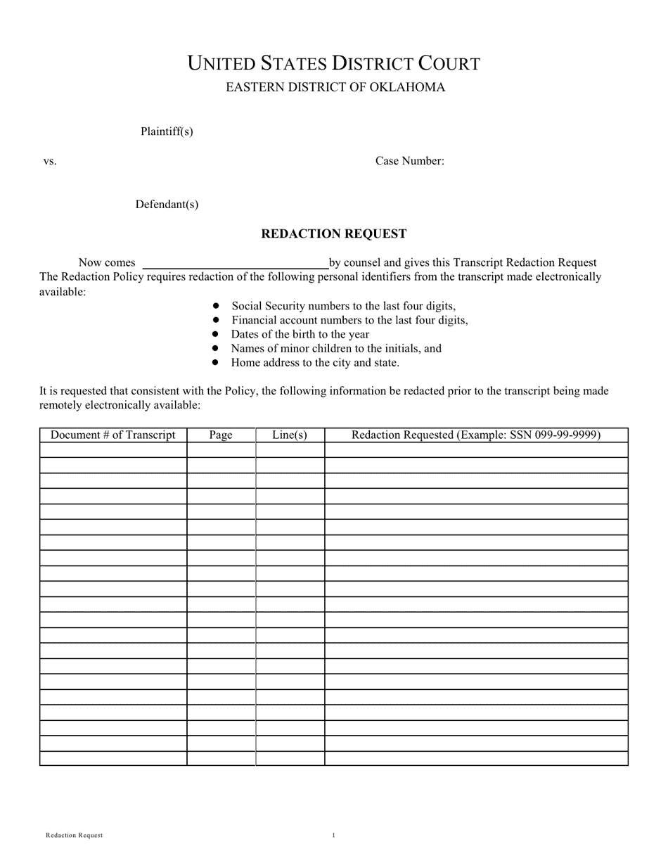 Oklahoma Redaction Request - Fill Out, Sign Online and Download PDF ...