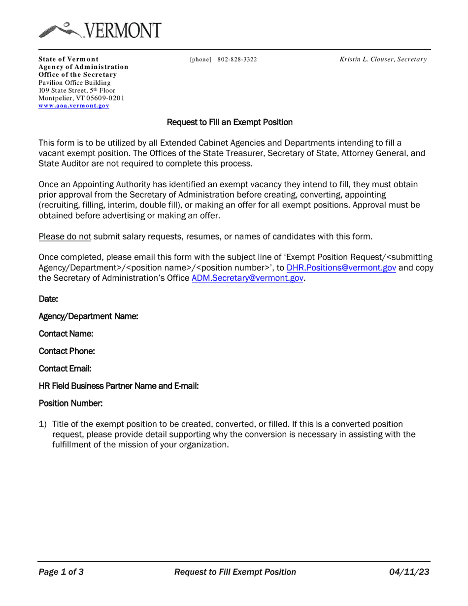 Vermont Request to Fill an Exempt Position - Fill Out, Sign Online and ...