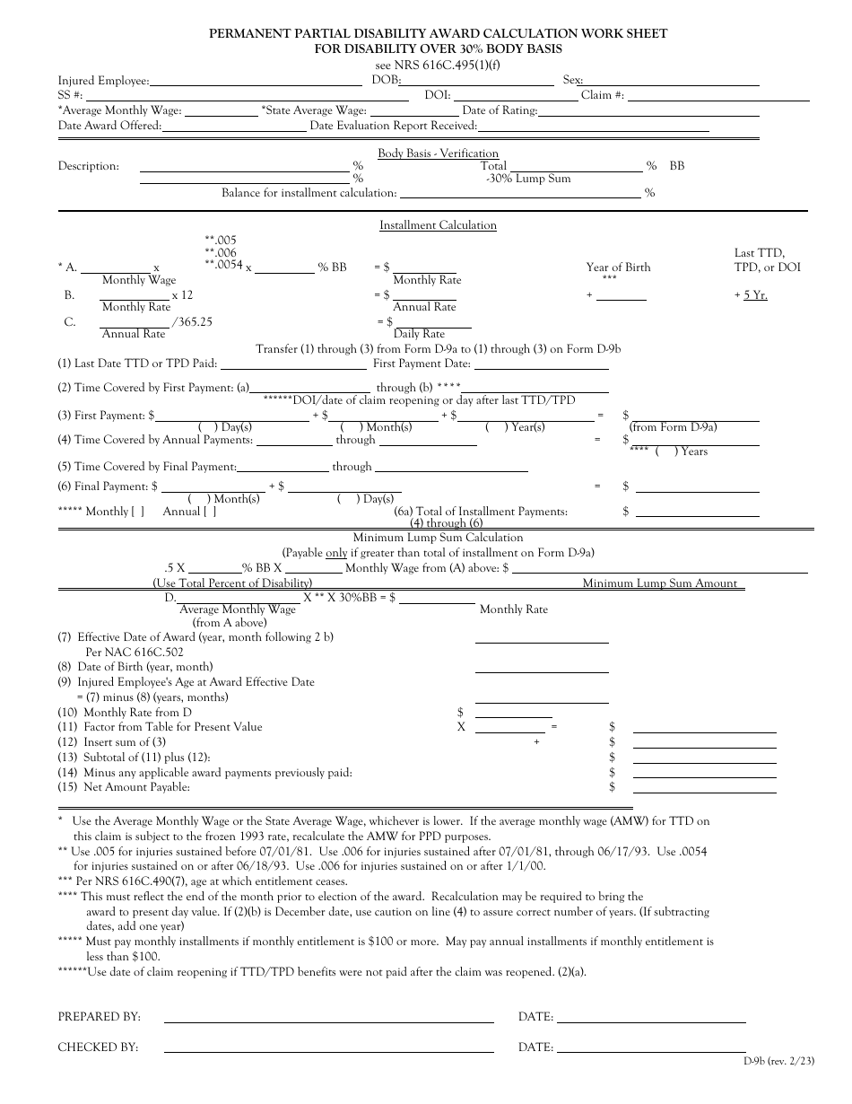 Form D-9B Download Printable PDF or Fill Online Permanent Partial ...