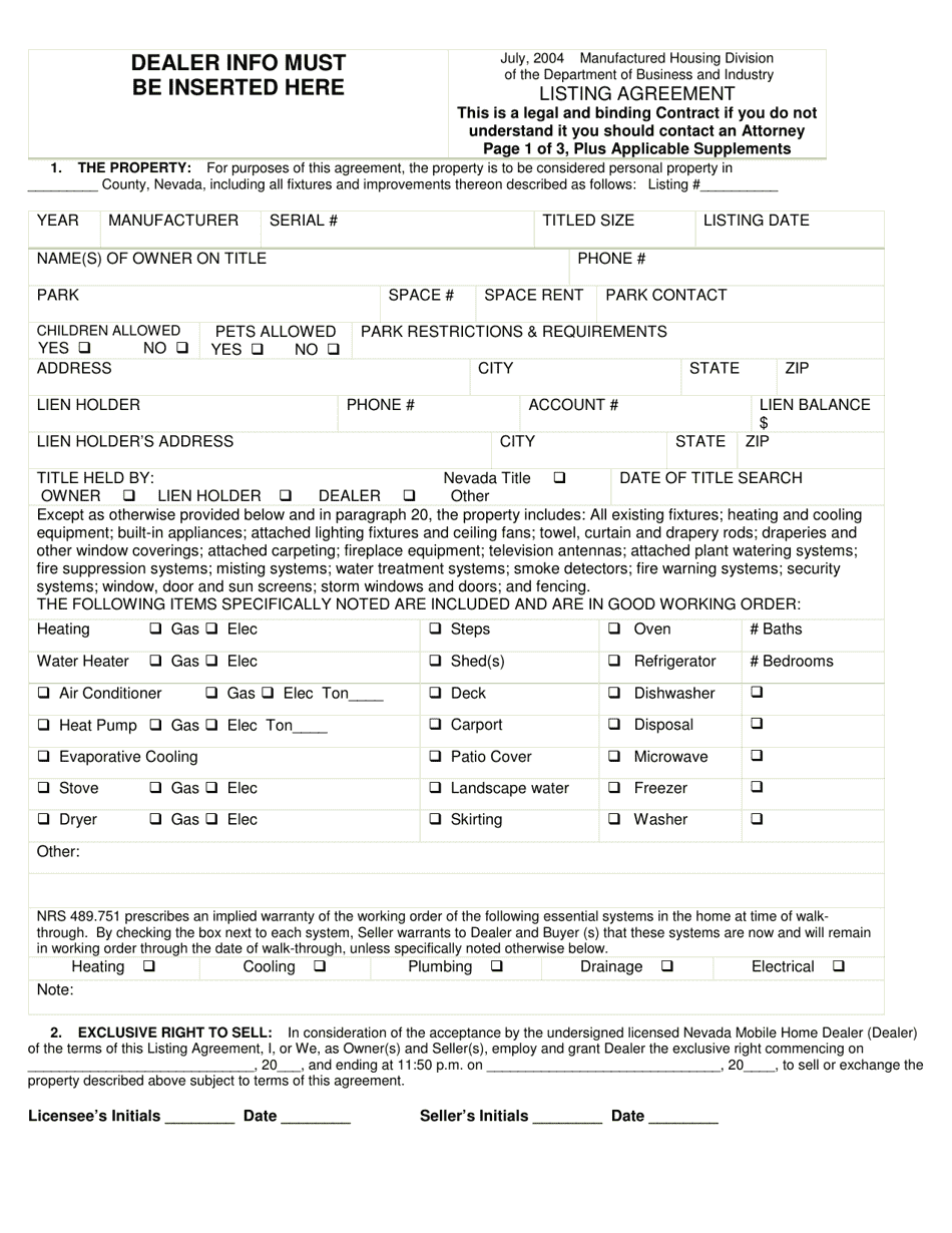 Nevada Dealer Listing Agreement Contract - Fill Out, Sign Online and ...