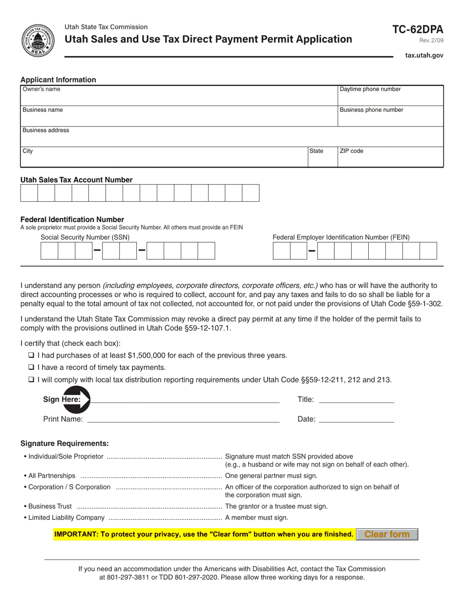 Form TC-62DPA - Fill Out, Sign Online and Download Fillable PDF, Utah ...