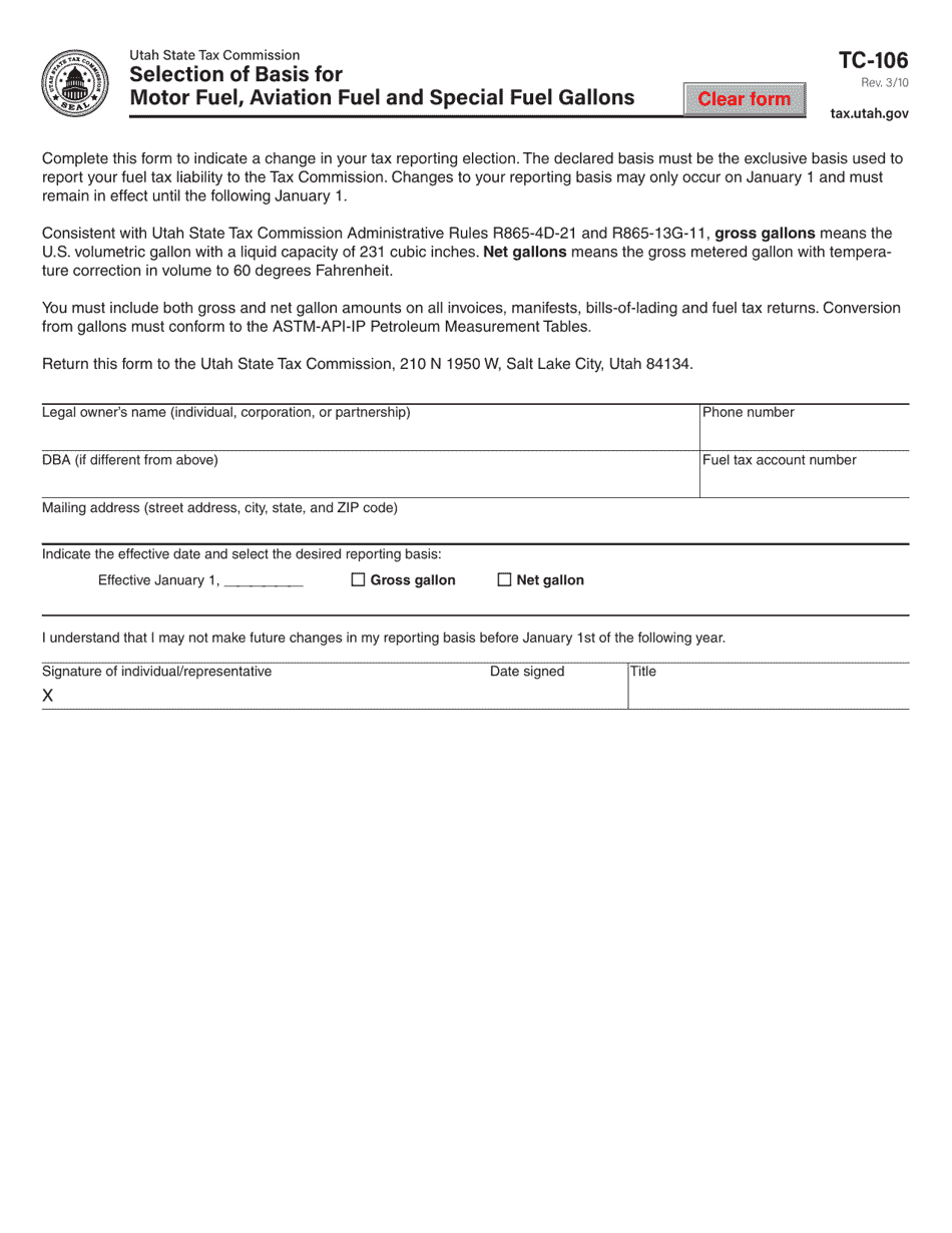 Form TC-106 - Fill Out, Sign Online and Download Fillable PDF, Utah ...