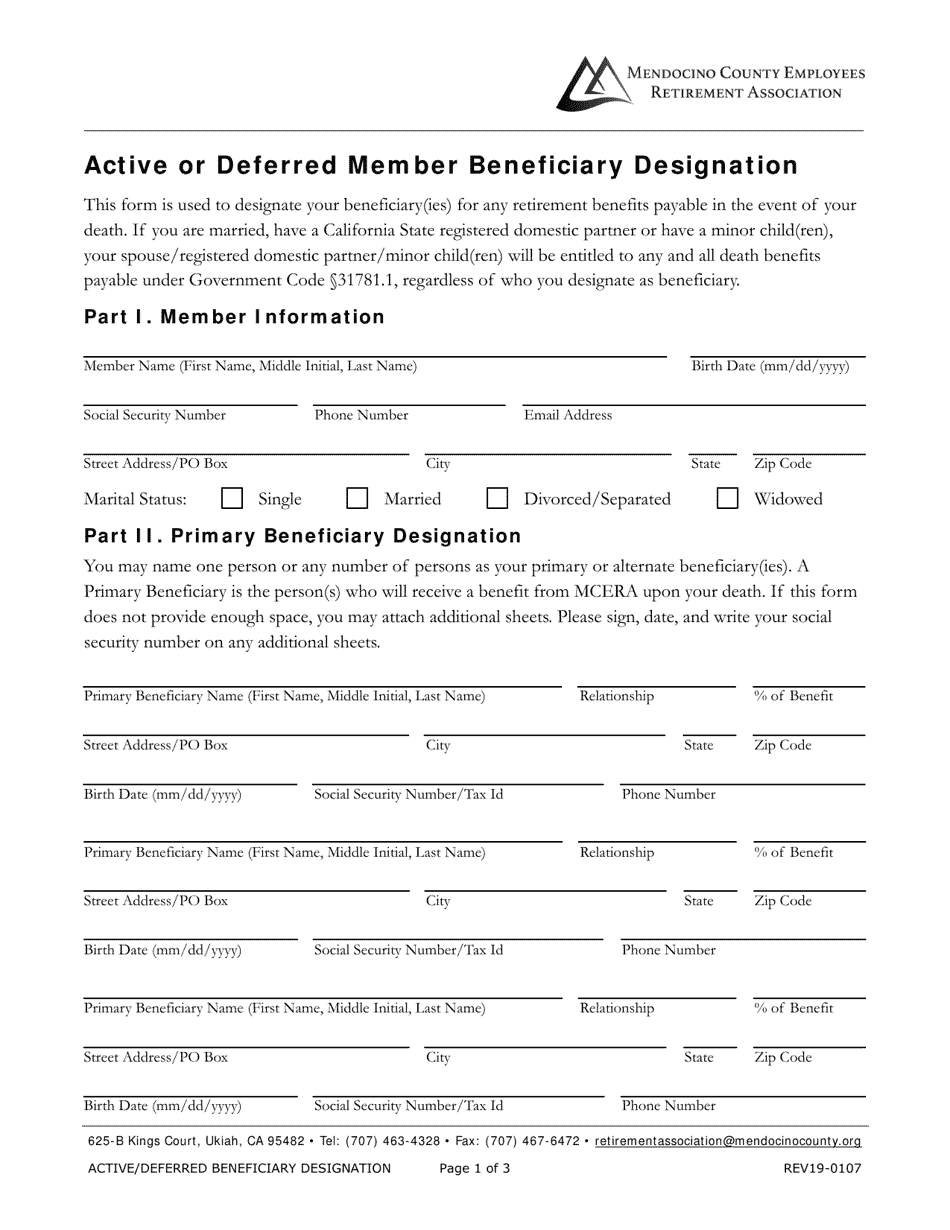 Mendocino County, California Active or Deferred Member Beneficiary Designation - Fill Out, Sign ...