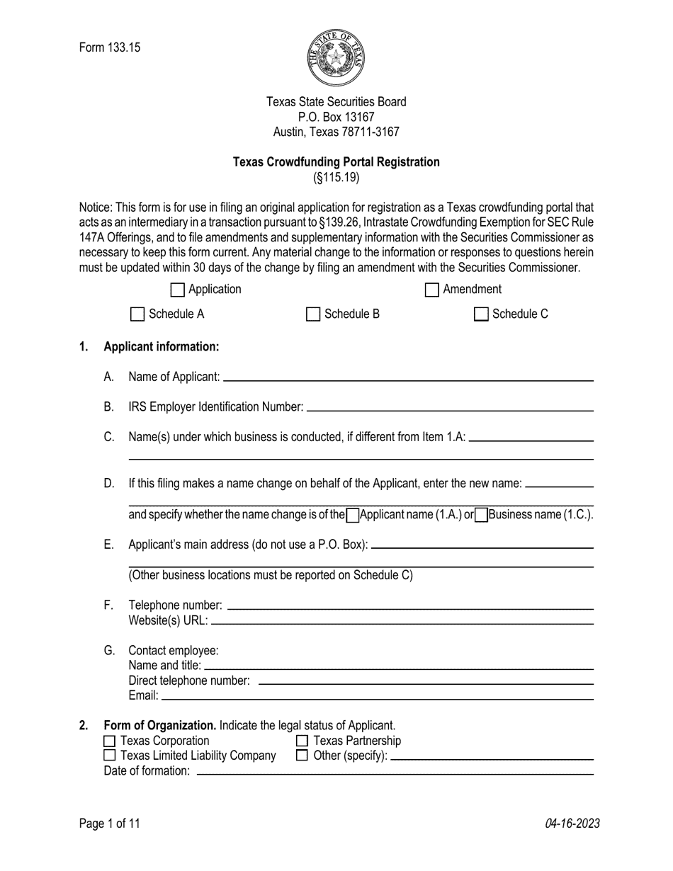 Form 133.15 Download Fillable PDF or Fill Online Texas Crowdfunding ...