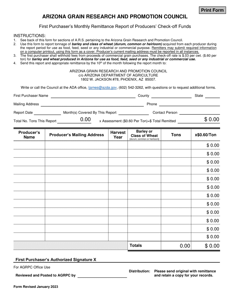 Arizona First Purchaser's Monthly Remittance Report of Producers' Check ...